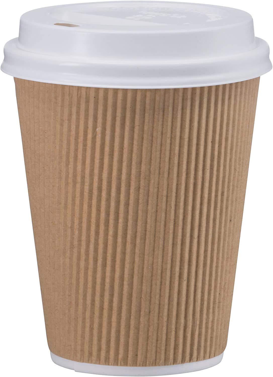NYHI Set of 150 Brown Disposable Paper Cups with White Lids 6 oz Ripple Insulated Kraft for Hot Drinks Tea Coffee Triple Layer Design Recyclable Durable Paper