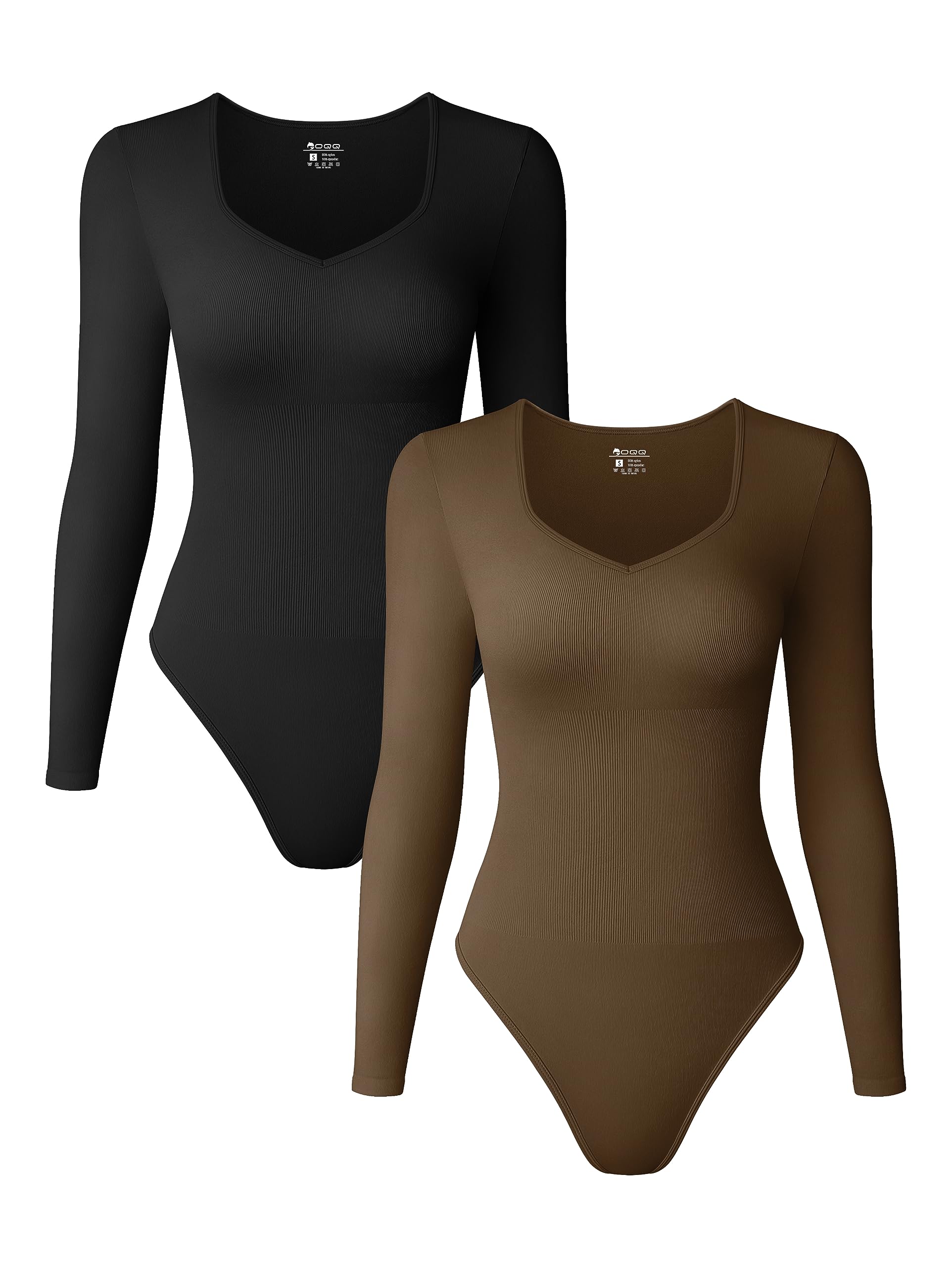 OQQ Women's 2 Piece Sexy Ribbed One Long Sleeve Sweetheart V Neck Top BodySuit, Black,coffee, Small