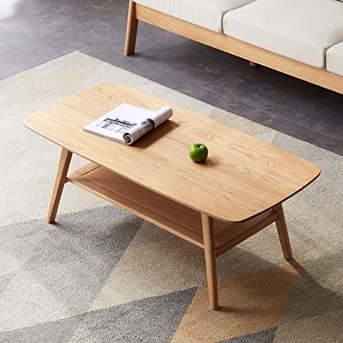 HomSof Center Table Low Table 100% Solid Wood Top Plate Desk Coffee Table,Natural Wood Writing Desk with Storage Shelf 31.5"x19.7"x17.3",Oak