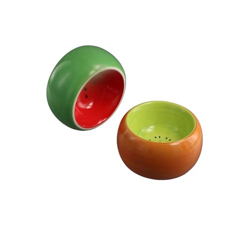Pokinge 2 Packs Hamster Bowls, Ceramic Small Animals Food Dish Mini Anti-Moving Water Drinker for Rat Gerbil Hedgehog Kiwi Watermelon Pattern Pet Supplies