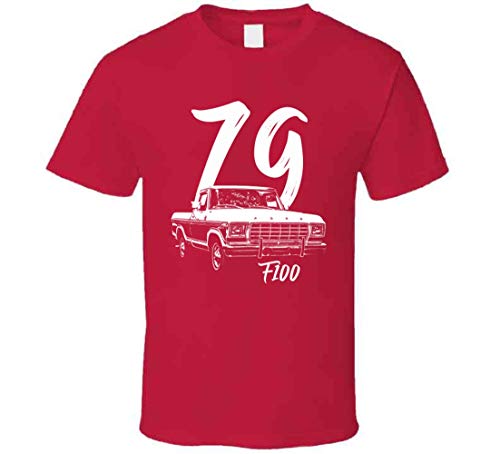 1979 F100 Pickup Truck Three Quarter Angle View with Year and Model Name Dark Color T Shirt XL Red