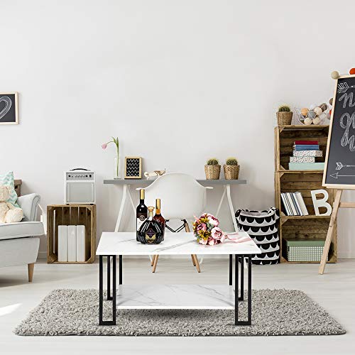 Pygzyx Living Room Table,Modern Minimalist Design Coffee Table with Marble Textured Table top and Metal Frame for Living Room Restaurant Coffee Shop (White+Black)