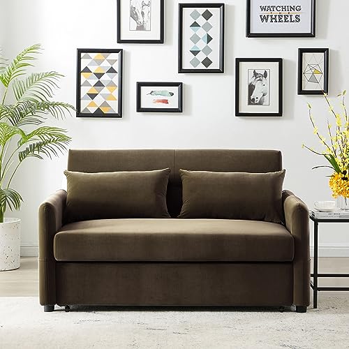 3 in 1 Convertible Sleeper Sofa Couch Bed Pull Out Couch Velvet Sofa Futon with 2 Lumbar Pillows and Adjustable Backres,Love Seat Bedroom Furniture for Small Places,Living Room,Apartment,Light Brown