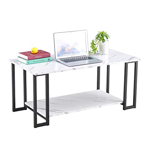Pygzyx Living Room Table,Modern Minimalist Design Coffee Table with Marble Textured Table top and Metal Frame for Living Room Restaurant Coffee Shop (White+Black)
