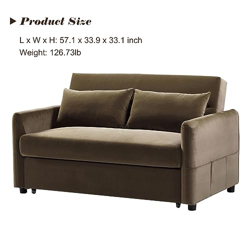 3 in 1 Convertible Sleeper Sofa Couch Bed Pull Out Couch Velvet Sofa Futon with 2 Lumbar Pillows and Adjustable Backres,Love Seat Bedroom Furniture for Small Places,Living Room,Apartment,Light Brown