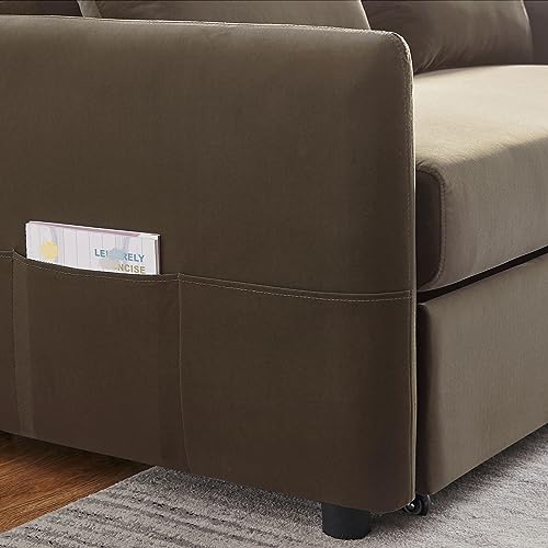 3 in 1 Convertible Sleeper Sofa Couch Bed Pull Out Couch Velvet Sofa Futon with 2 Lumbar Pillows and Adjustable Backres,Love Seat Bedroom Furniture for Small Places,Living Room,Apartment,Light Brown