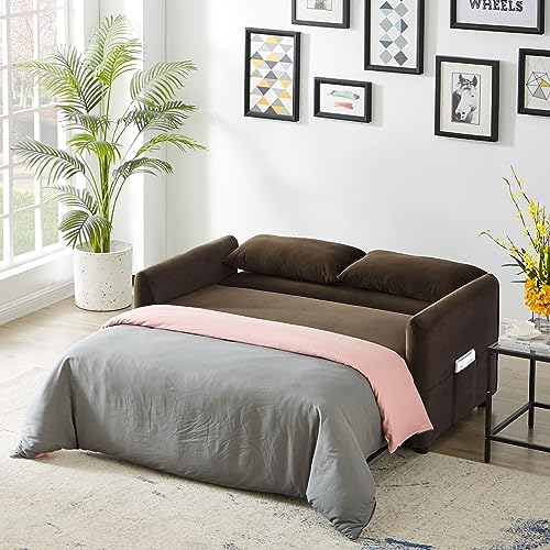 3 in 1 Convertible Sleeper Sofa Couch Bed Pull Out Couch Velvet Sofa Futon with 2 Lumbar Pillows and Adjustable Backres,Love Seat Bedroom Furniture for Small Places,Living Room,Apartment,Light Brown