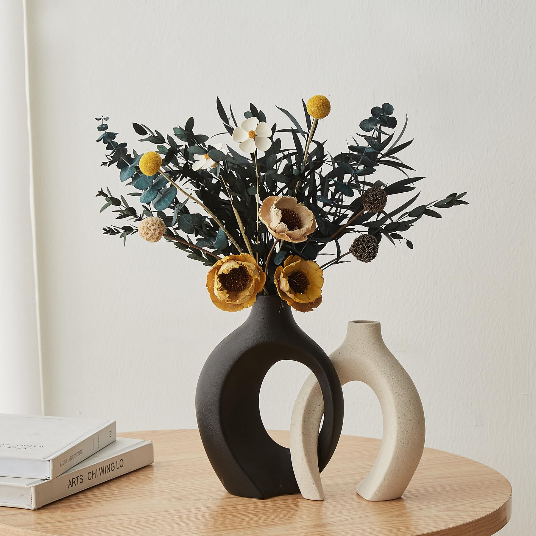 Black and White Ceramic Vases Set of 2 for Home Decor Modern Boho Donut Flower Vase Round Crossed Hollow Vase for Wedding Dining Living Room Table Centerpieces Coffee Table Decoration