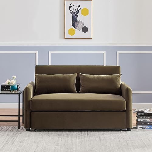 3 in 1 Convertible Sleeper Sofa Couch Bed Pull Out Couch Velvet Sofa Futon with 2 Lumbar Pillows and Adjustable Backres,Love Seat Bedroom Furniture for Small Places,Living Room,Apartment,Light Brown