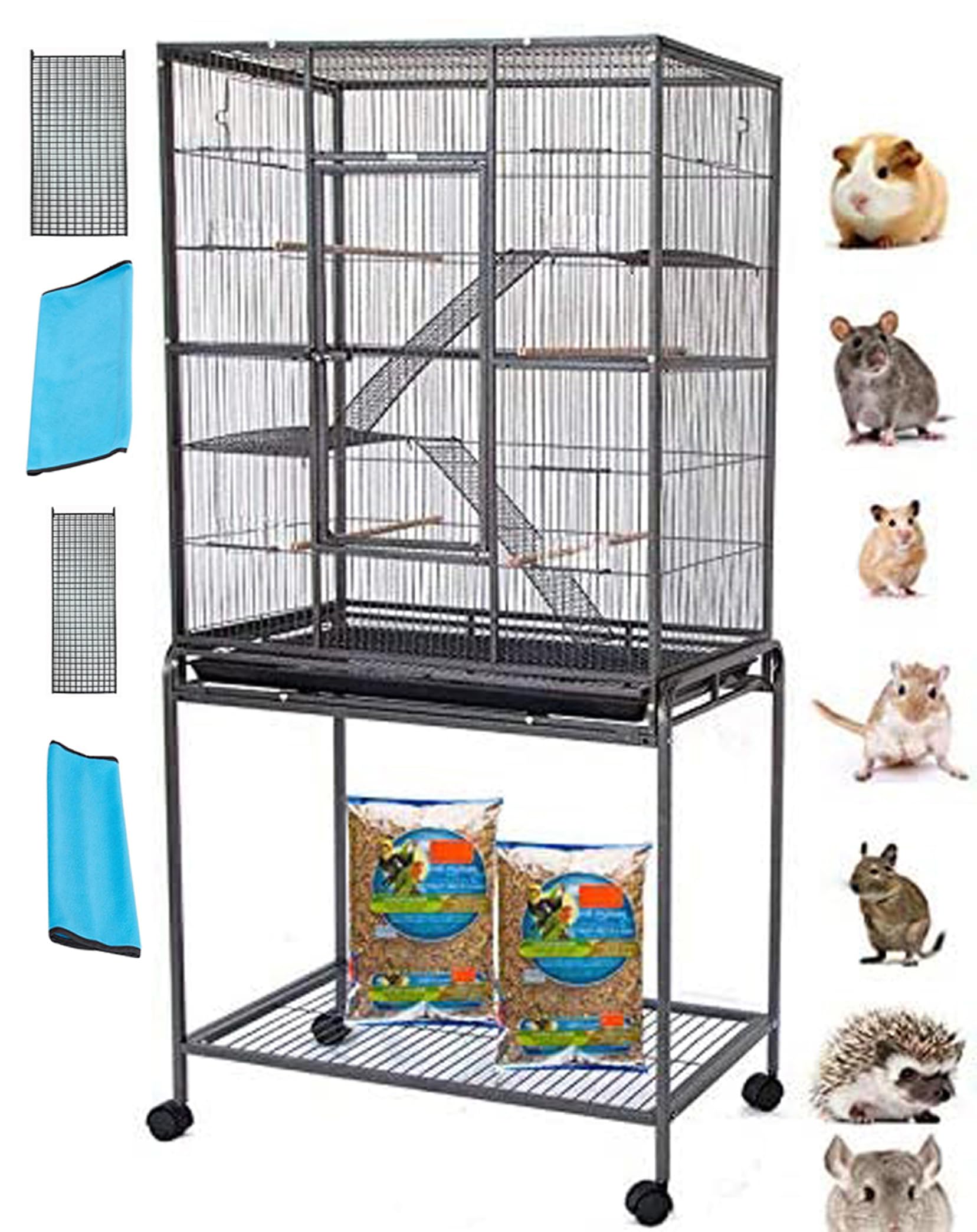 54" Large Wrought Iron 4-Level Chew-Proof Tight 1/2-inch Wire Spacing Ferret Squirrel Chinchilla Sugar Glider Rats Mices Rabbit Squirrel Hamster Cage Easy Clean Pull Out Tray Removable Rolling Stand