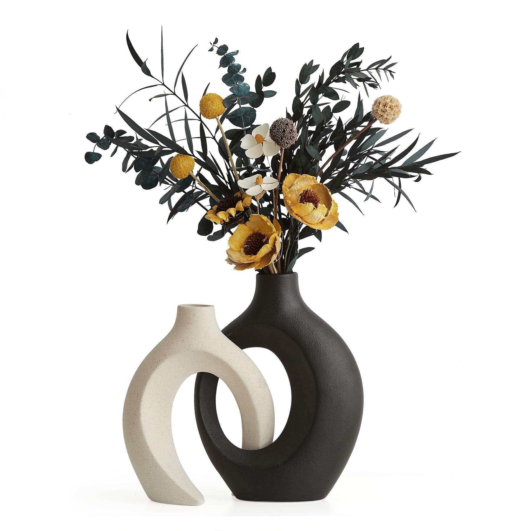 Black and White Ceramic Vases Set of 2 for Home Decor Modern Boho Donut Flower Vase Round Crossed Hollow Vase for Wedding Dining Living Room Table Centerpieces Coffee Table Decoration
