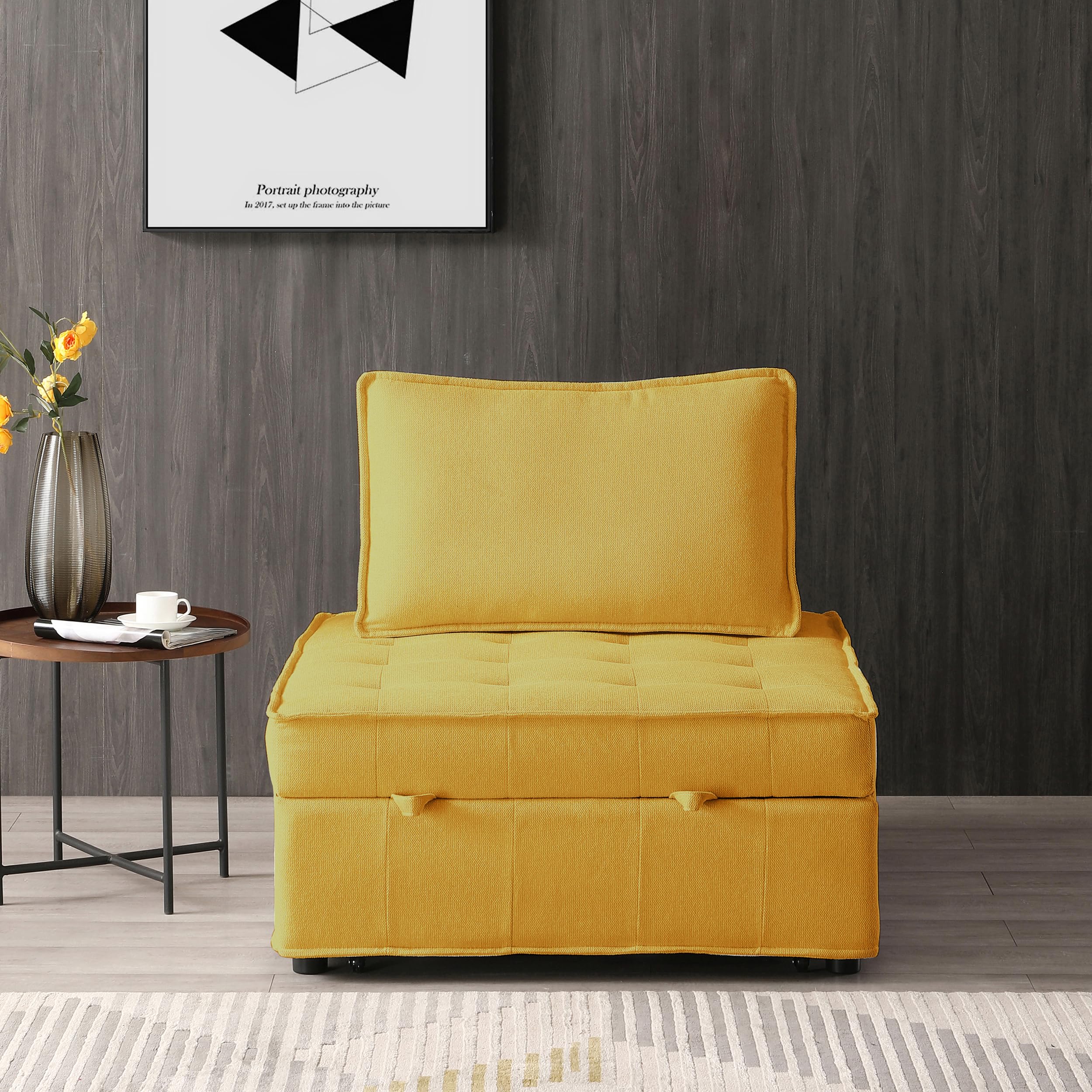 LIADTOP Pull Out Sofa, Small Tufted Velvet Convertible Couch, Easy to Assembly Faux Leather Single Bed with Removeable Backrest for Living Room Apartment (Yellow+Fabric)
