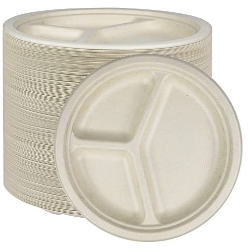 NYHI Heavy Duty Plates 10 Inch Disposable Plates For Adults Kids Brown Eco Friendly Sugarcane Paper Plates Are Cut Leak Resistant 125 Pack 3 compartment