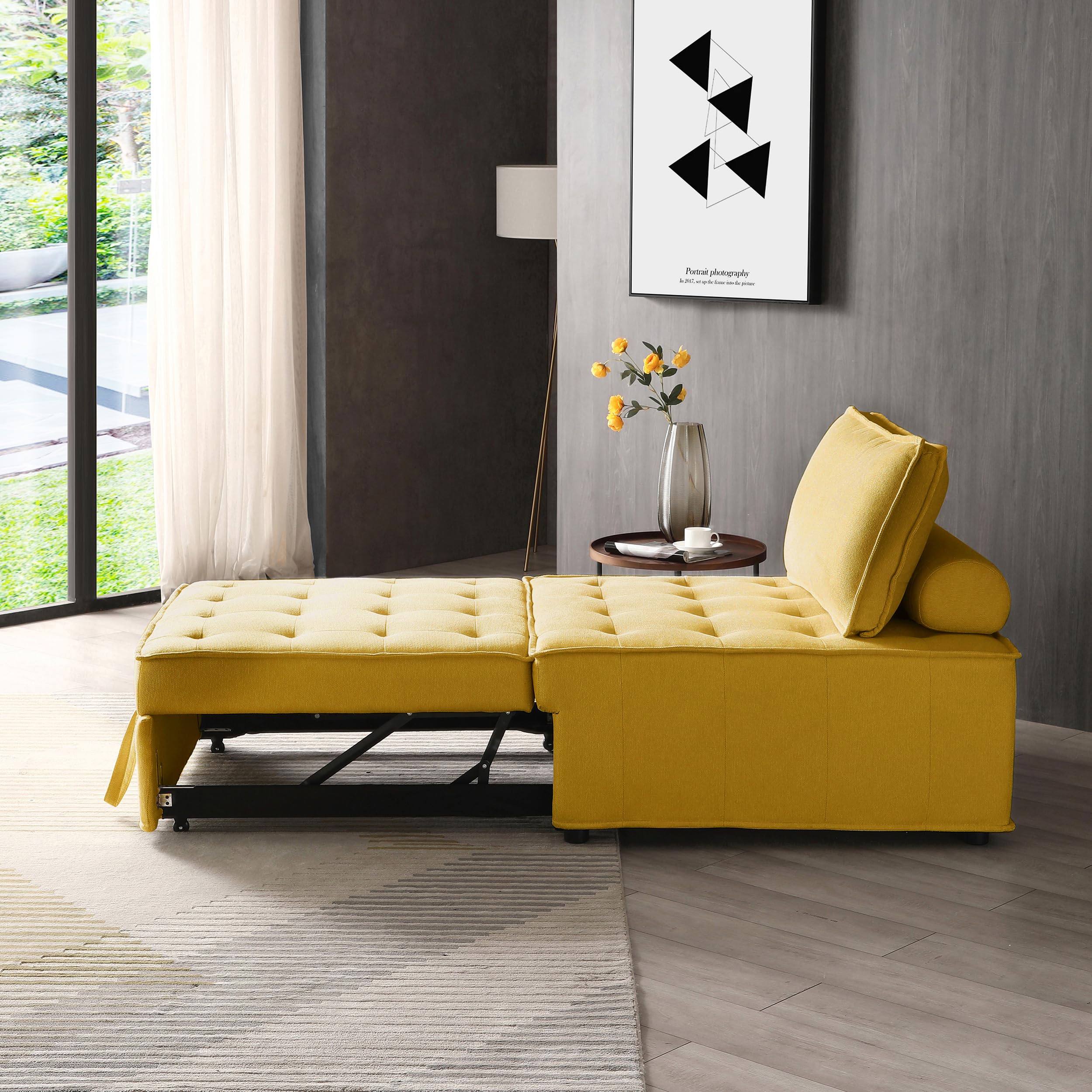 LIADTOP Pull Out Sofa, Small Tufted Velvet Convertible Couch, Easy to Assembly Faux Leather Single Bed with Removeable Backrest for Living Room Apartment (Yellow+Fabric)