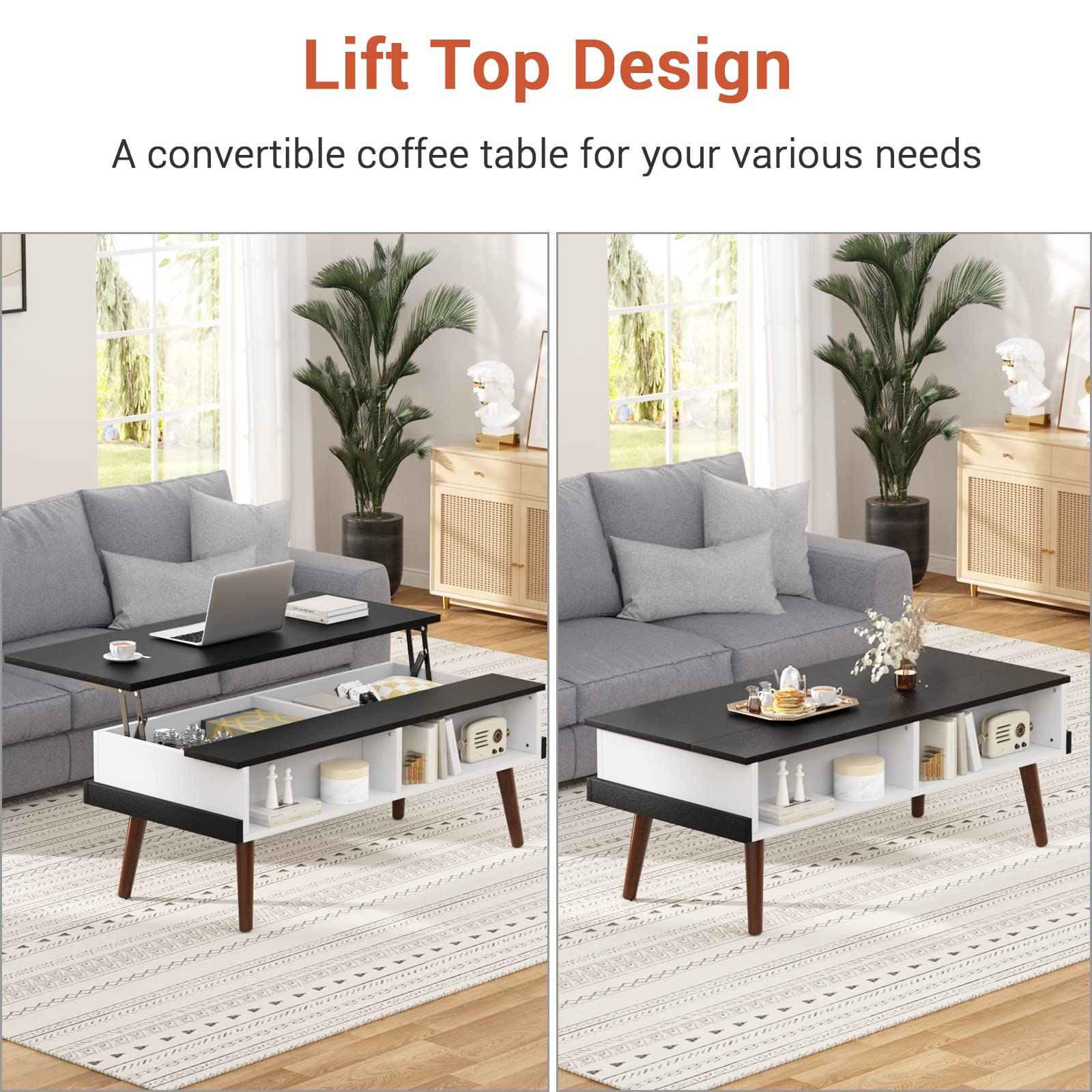 Aheaplus Lift Top Coffee Table Wood Pop Up Coffee Table with Storage Shelf for Living Room, Home Office, Black