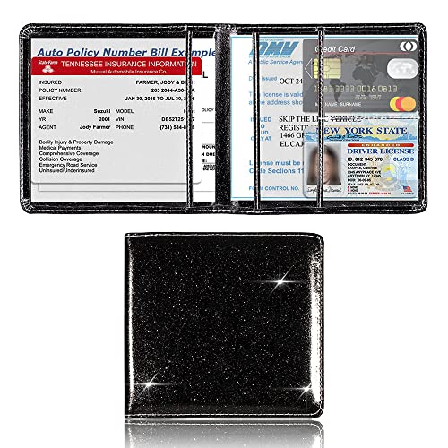 VAGURFO Car Registration And Insurance Holder, Leather Vehicle Card Document Glove Box Organizer, Glitter Auto Truck Compartment Accessories (Black)