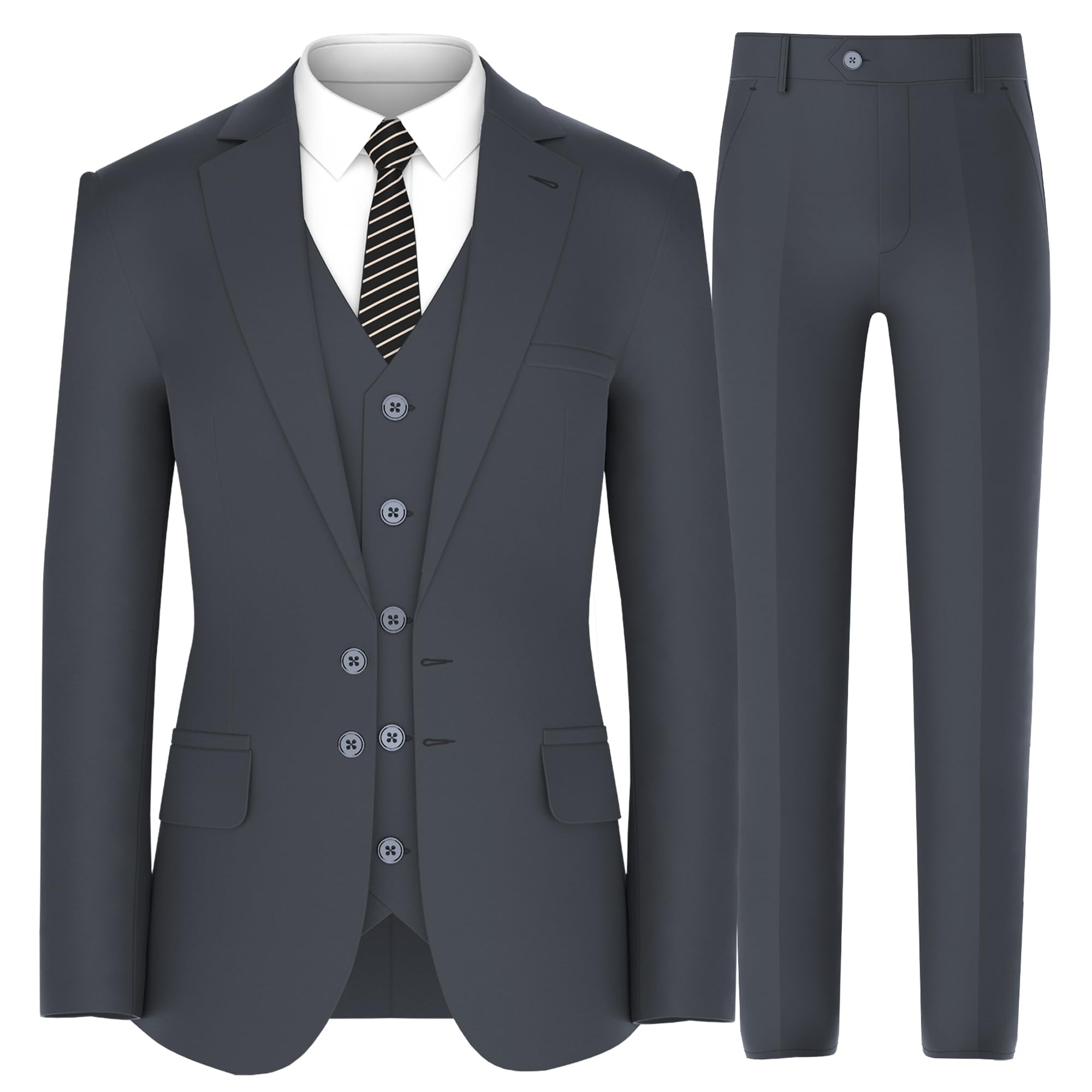 Antonio Uomo Men’s Suit Set – Classic Fit 3 Piece Blazer Single Breasted Jacket Vest Pants for Business Wedding Dress Suits Charcoal 38