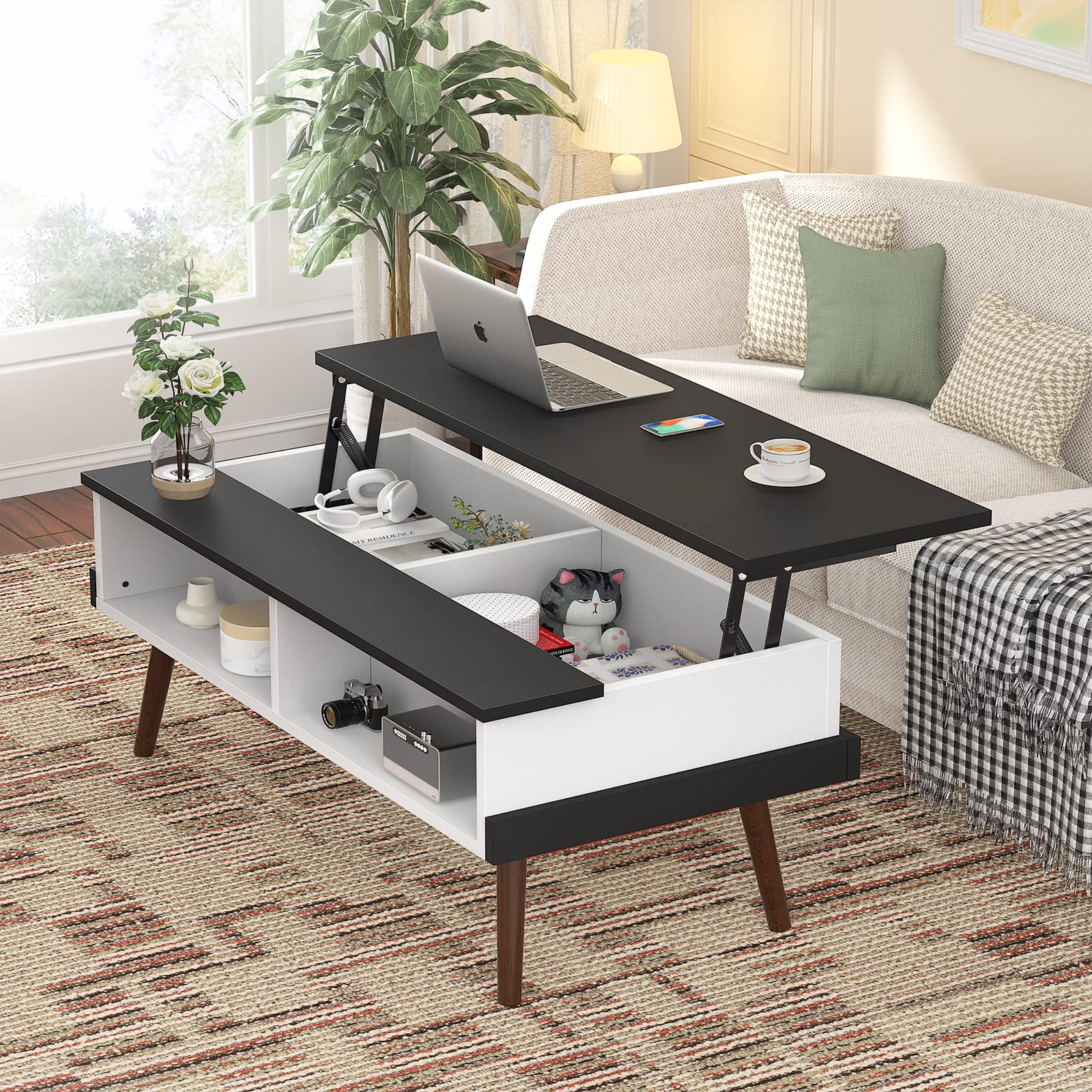 Aheaplus Lift Top Coffee Table Wood Pop Up Coffee Table with Storage Shelf for Living Room, Home Office, Black