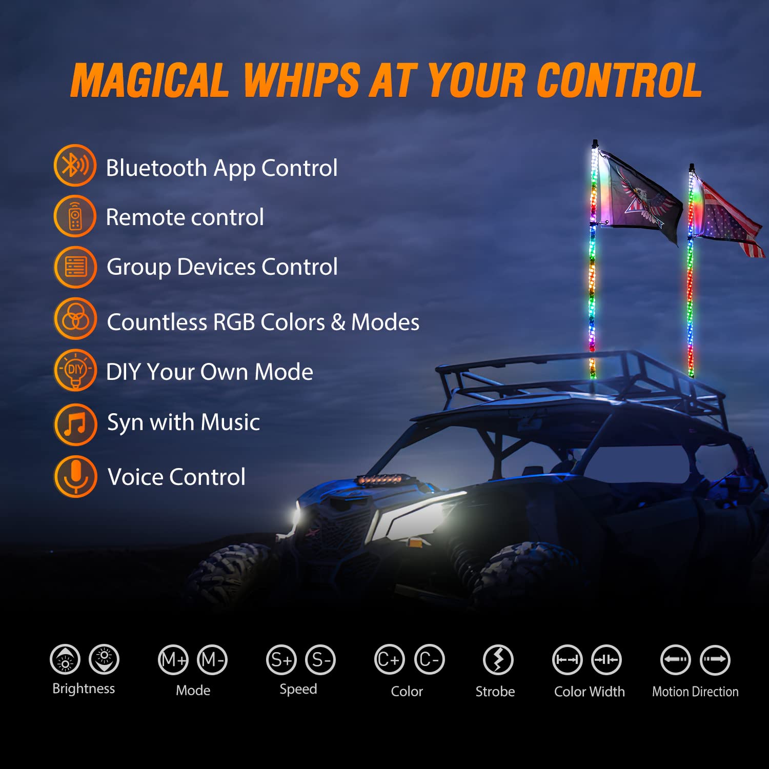 Nilight 2PCS 3FT RGB LED Whip Light, Remote App Control w/DIY Chasing Patterns Stop Turn Reverse Lighting Modes Safety Lighted Antenna for ATV UTV Polaris RZR Can-am Dune Buggy Jeep