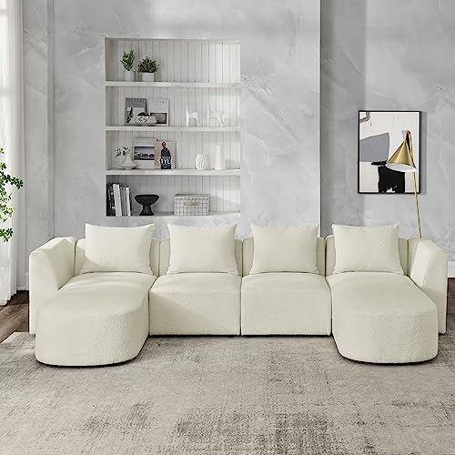 Reversible DIY Modular Sectional Sofa Free Combination U Shape Corner Sofá Upholstered Convertible Cloud Deep Couch with 2 Single Seats,Chaises and Waist Pillows for Living Room Office Apartment