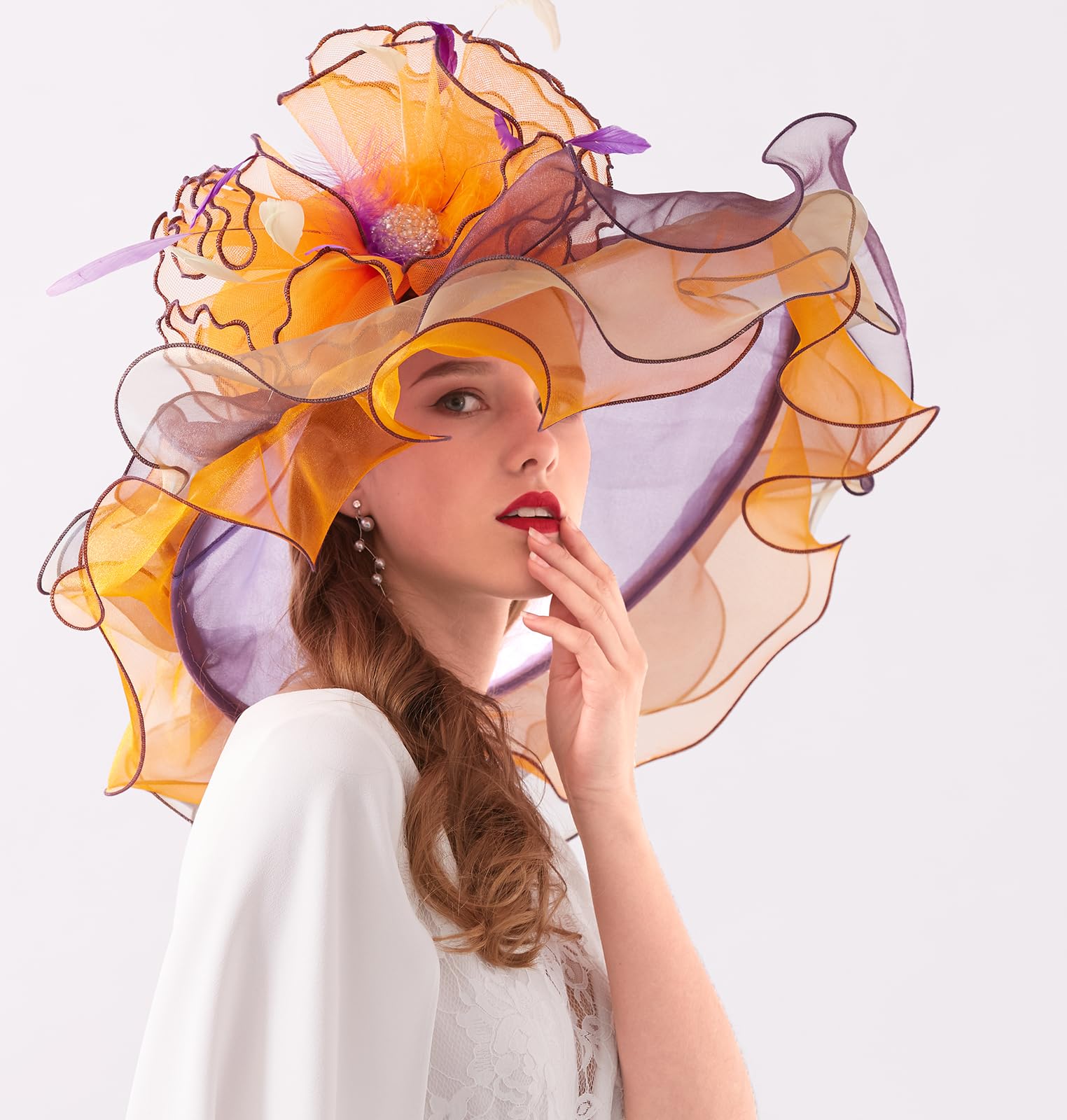 ORIDOOR Women Organza Fascinator Church Kentucky Derby Hat Floral Tea Party Wedding Hat, 003a Orange, One Size