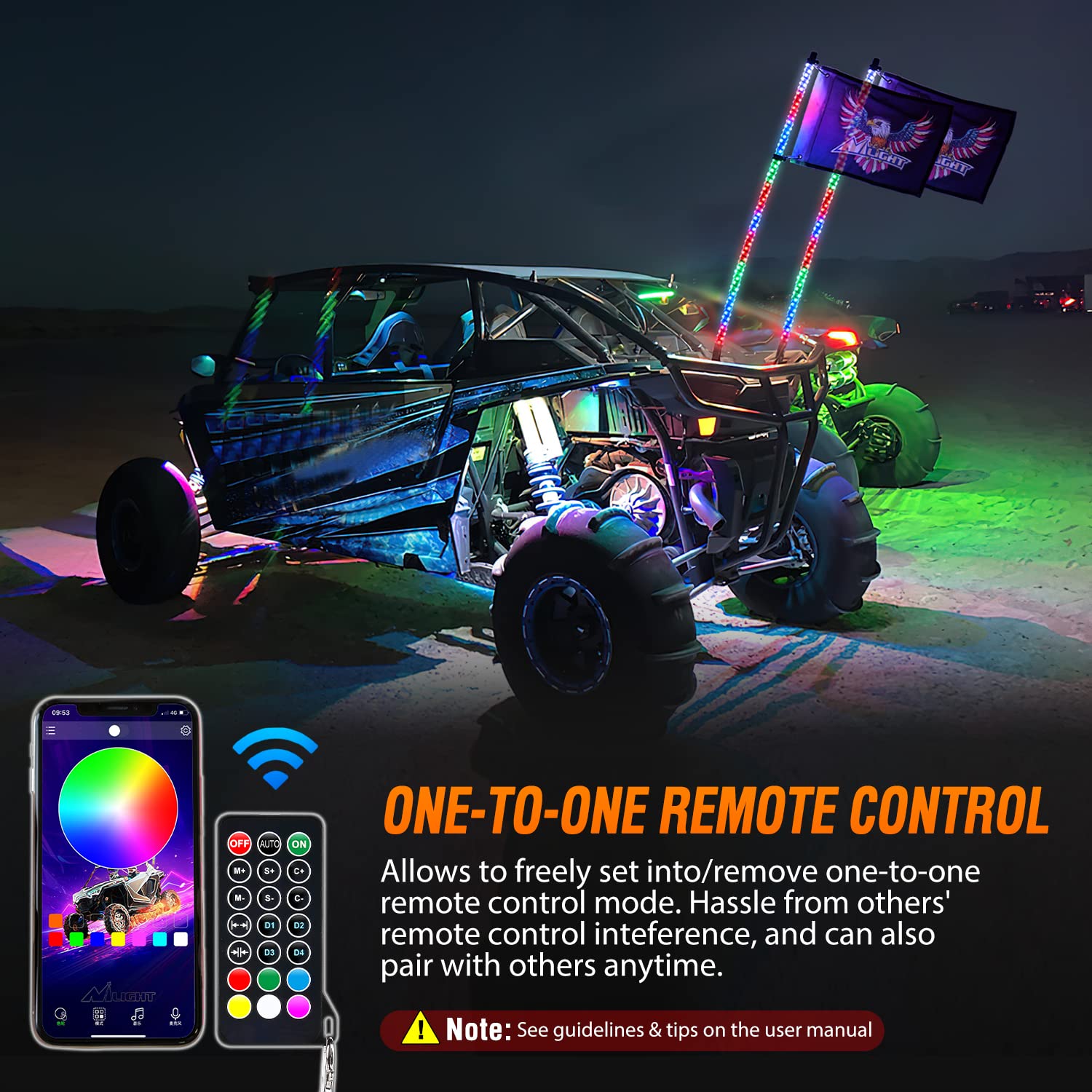Nilight 2PCS 3FT RGB LED Whip Light, Remote App Control w/DIY Chasing Patterns Stop Turn Reverse Lighting Modes Safety Lighted Antenna for ATV UTV Polaris RZR Can-am Dune Buggy Jeep