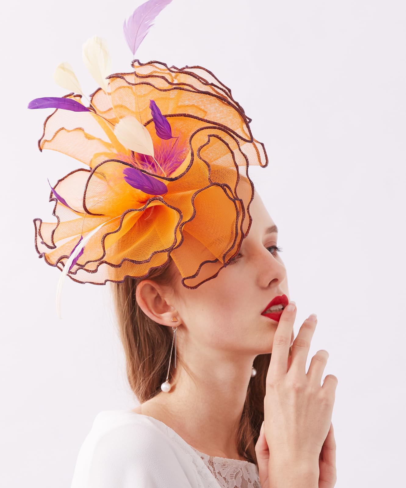 ORIDOOR Women Organza Fascinator Church Kentucky Derby Hat Floral Tea Party Wedding Hat, 003a Orange, One Size