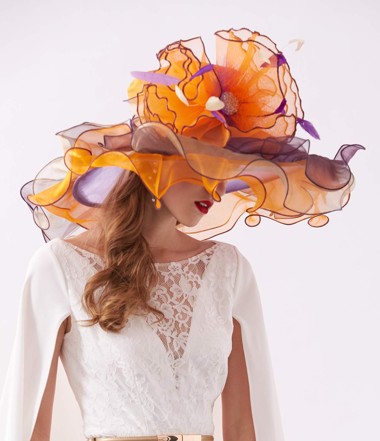 ORIDOOR Women Organza Fascinator Church Kentucky Derby Hat Floral Tea Party Wedding Hat, 003a Orange, One Size