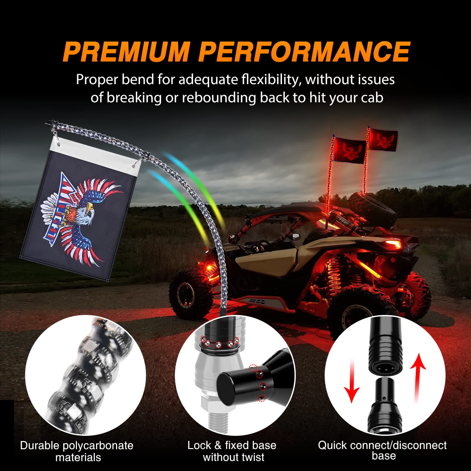 Nilight 2PCS 3FT RGB LED Whip Light, Remote App Control w/DIY Chasing Patterns Stop Turn Reverse Lighting Modes Safety Lighted Antenna for ATV UTV Polaris RZR Can-am Dune Buggy Jeep