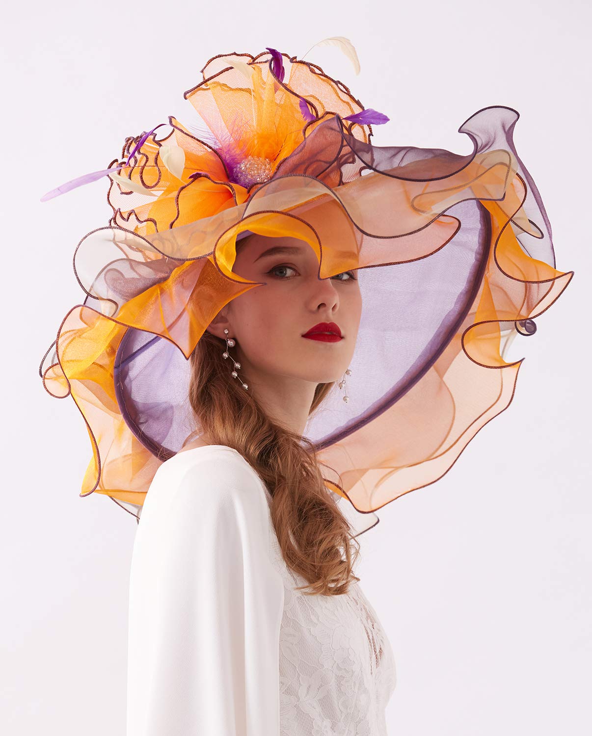 ORIDOOR Women Organza Fascinator Church Kentucky Derby Hat Floral Tea Party Wedding Hat, 003a Orange, One Size