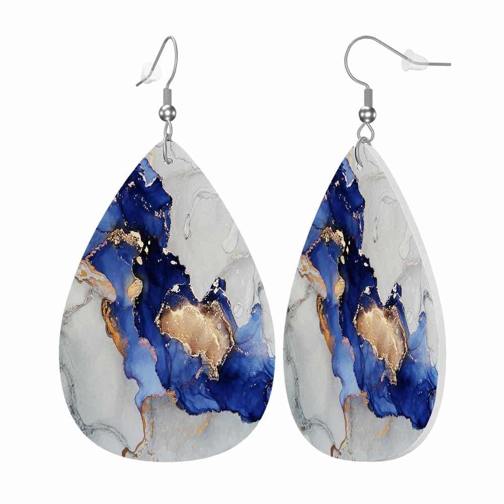 Blue and Gold Marble Earrings for Women Liquid Alcohol Ink Fluid Teardrop Dangle Faux Leather Earrings Holiday Earrings for