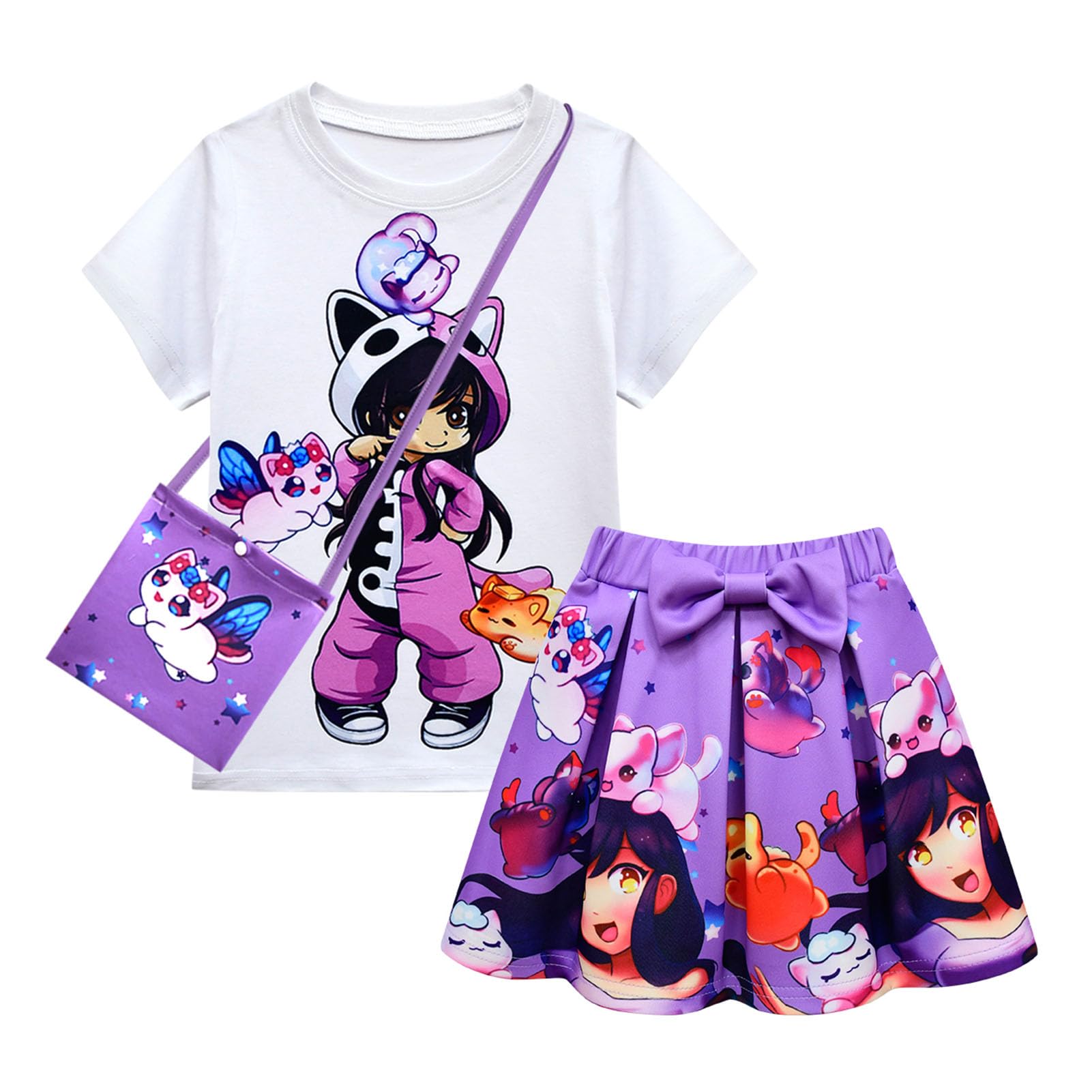 NOLLAM Fashion 3D Printing Game Short Dress Set Short Sleeve Shirt 3 Piece Set (purple, S)