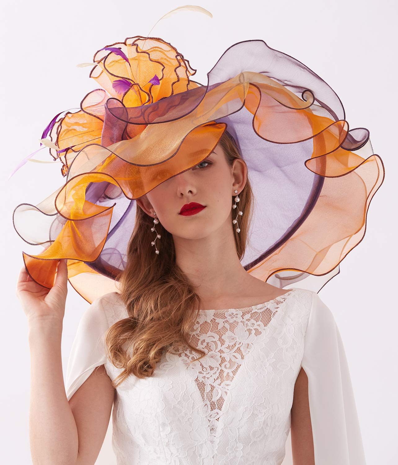 ORIDOOR Women Organza Fascinator Church Kentucky Derby Hat Floral Tea Party Wedding Hat, 003a Orange, One Size
