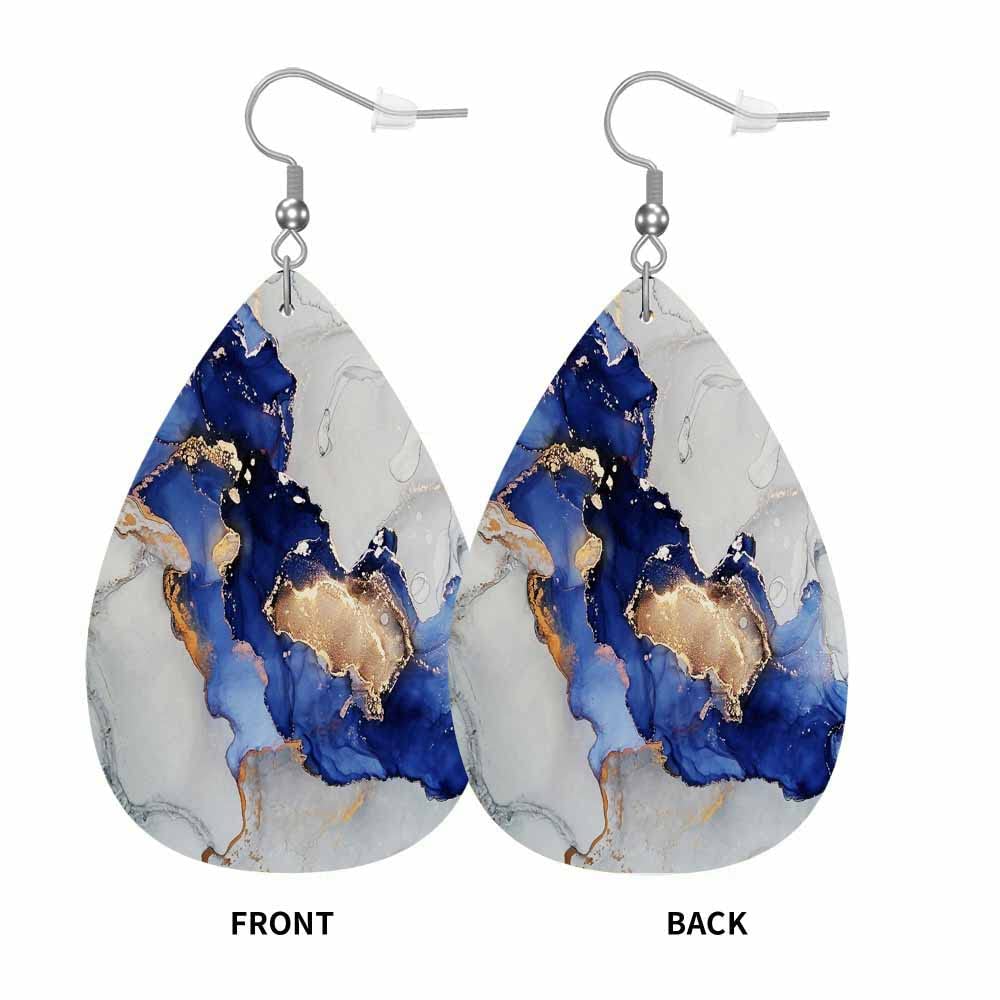 Blue and Gold Marble Earrings for Women Liquid Alcohol Ink Fluid Teardrop Dangle Faux Leather Earrings Holiday Earrings for
