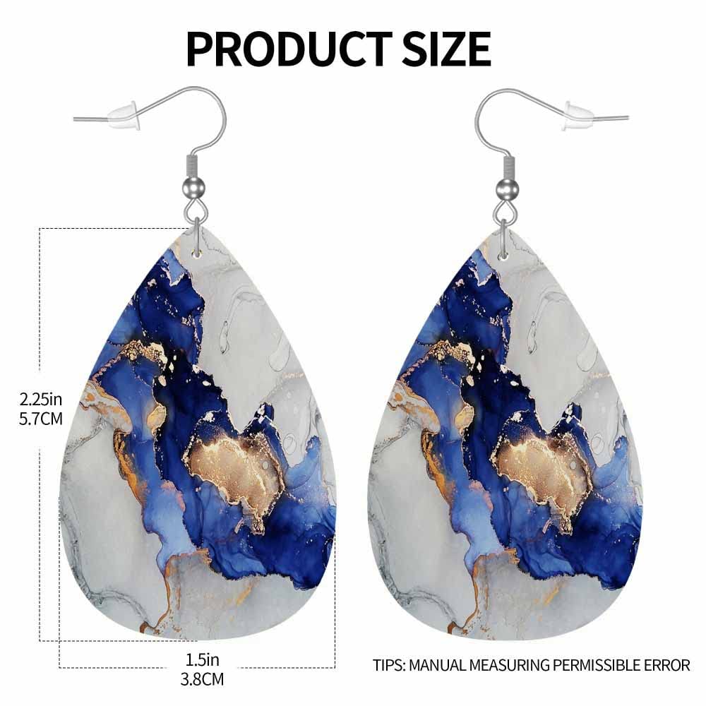 Blue and Gold Marble Earrings for Women Liquid Alcohol Ink Fluid Teardrop Dangle Faux Leather Earrings Holiday Earrings for