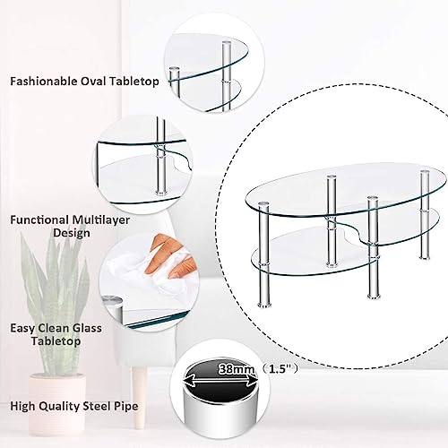 Glass Coffee Table, 3-Tier Oval-Shaped Glass Tea Table Modern Smooth Tea Table w/Spacious Glass Desk-Top Boards & Sturdy Chrome Plated Legs Home Office Reception