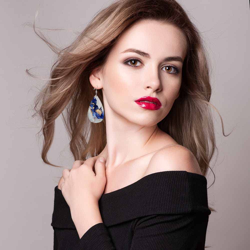 Blue and Gold Marble Earrings for Women Liquid Alcohol Ink Fluid Teardrop Dangle Faux Leather Earrings Holiday Earrings for