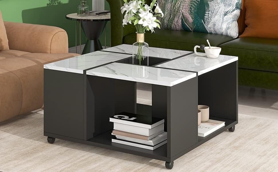 Modern Coffee Table with Storage & Casters, Coffee Tables for Living Room Cocktail Table with Removable Tray, Living Room High Gloss White Marble Top Center Table for Home Office