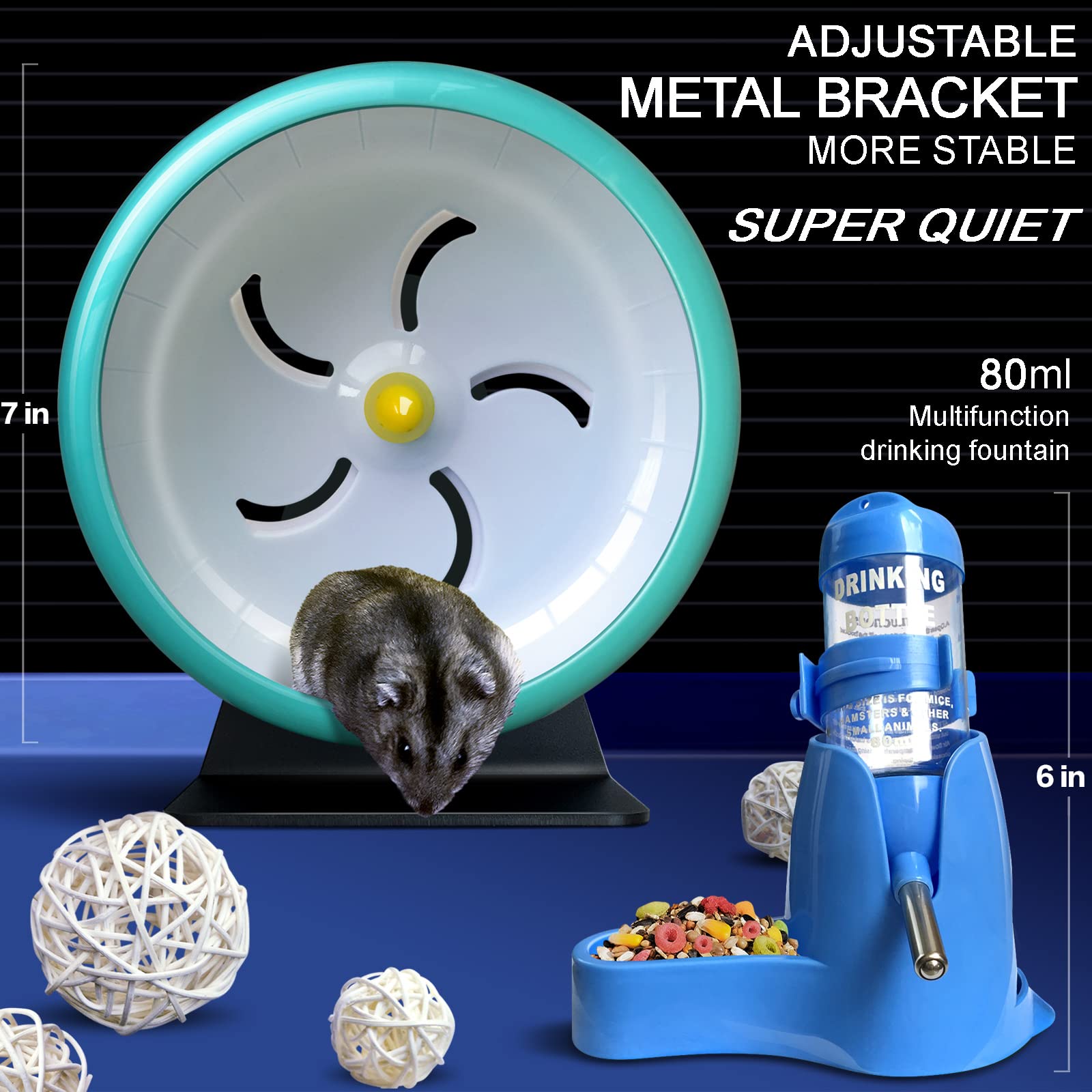 Hamster Silent Wheel, Super-Silent Small Animal Exercise Wheel Accessories, Quiet Hamster Running Wheels with Adjustable Stand for Hamsters,Gerbils,Mice,Small Pet 7in (Blue D)