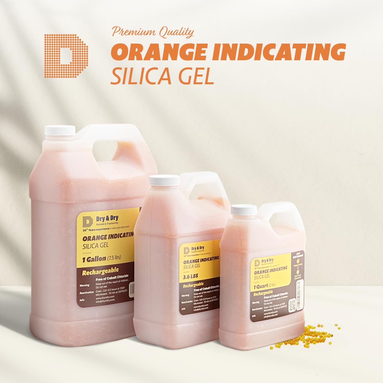 Dry & Dry" [1 Quart Premium Orange Indicating Silica Gel Desiccant Beads(Industry Standard 3-5 mm) - Rechargeable Silica Gel Beads(2 LBS)