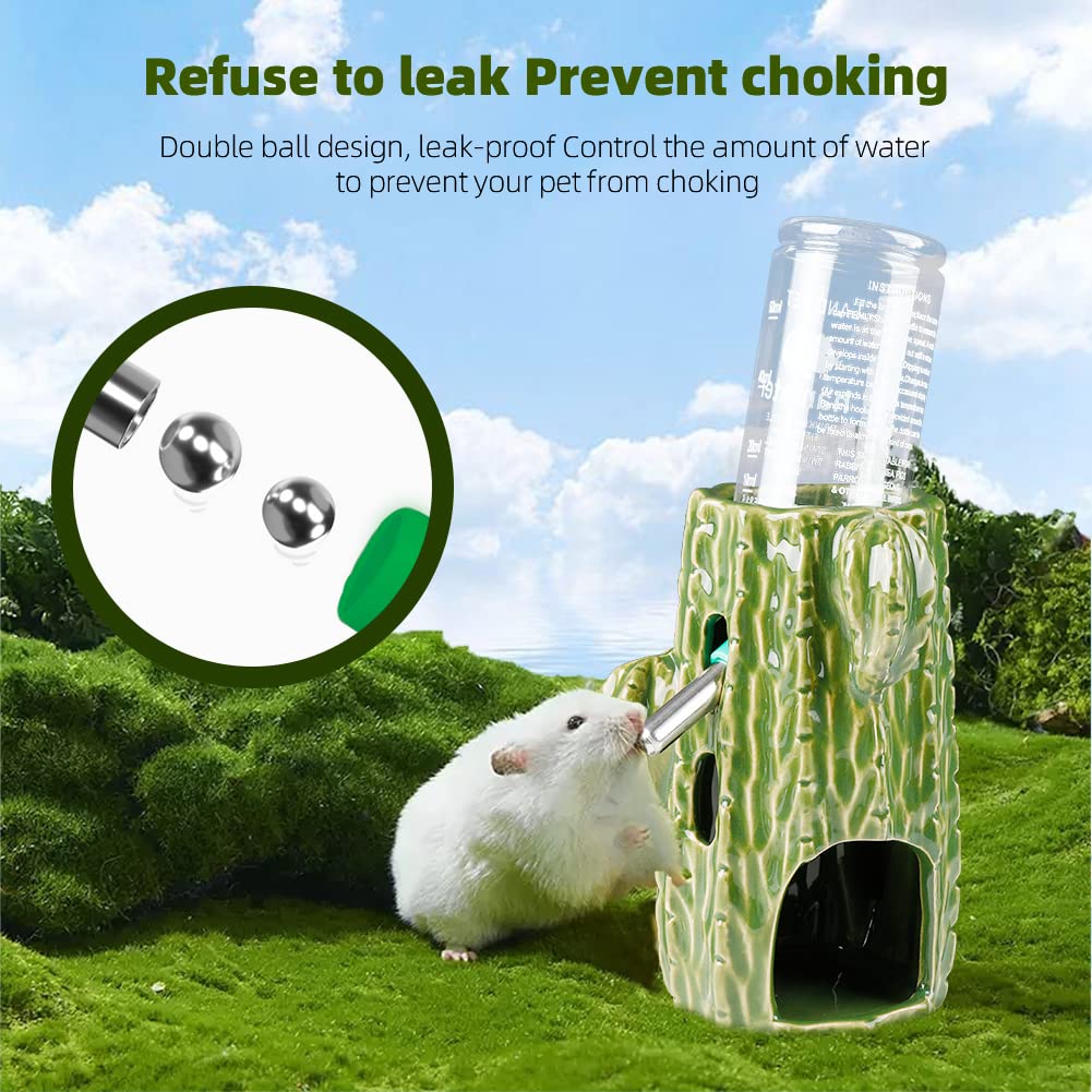 CheeFun Ceramic Hamster Water Bottle: 80ML Adjustable Cactus Water Stand Holder - No Drip Rat Water Bottle for Dwarf Hamster Mice Gerbil Guinea Pig (Light Green)