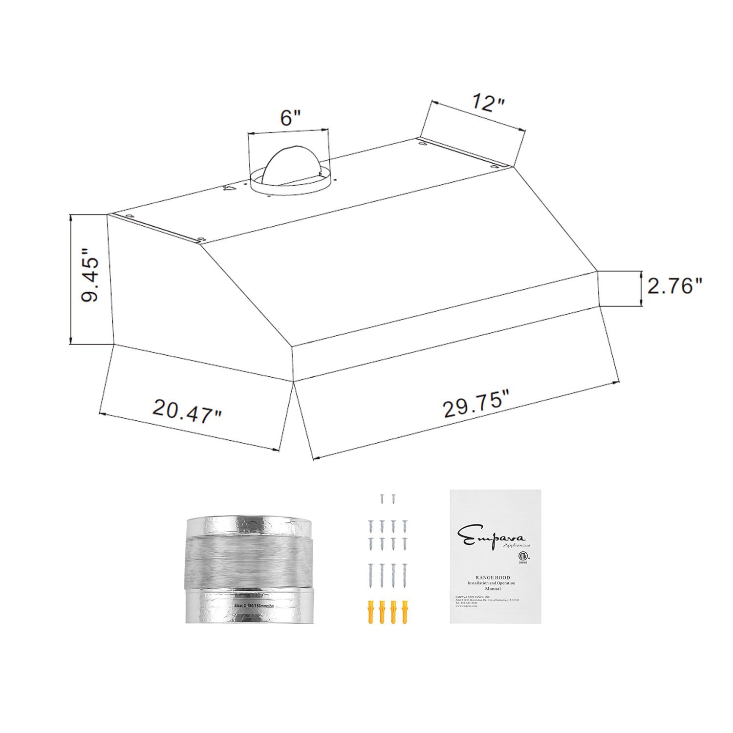 Empava Under Cabinet Range Hood, Ducted/Ductless(Charcoal-filter Sold Separately), Touch Control, 3-Speed, 400 CFM Stainless Steel, 30 in. RH07