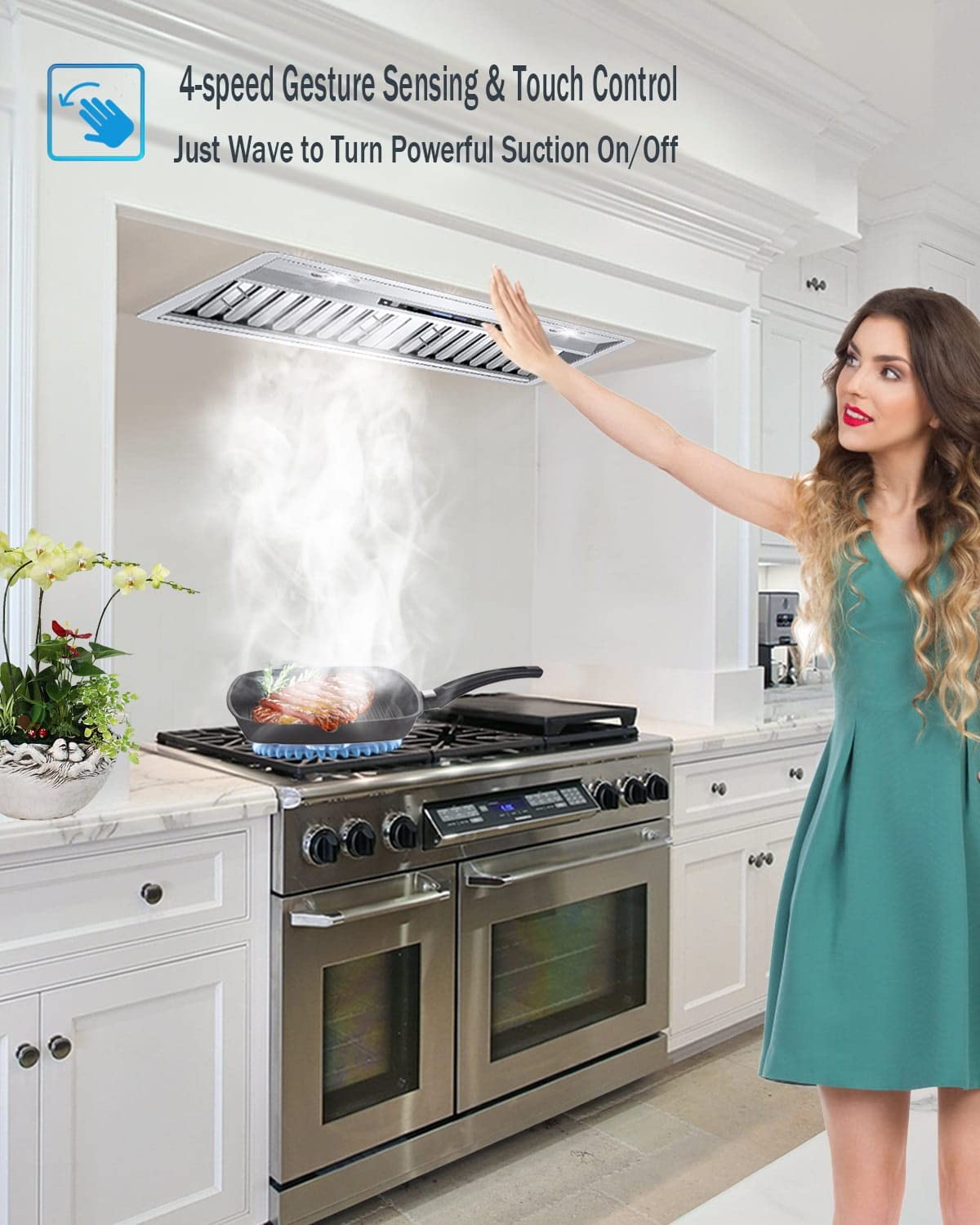 EALLMALL Range Hood Insert 30 Inch,970 CFM Range Hood Insert with Remote, Gesture Sensing/Touch Control Insert Range Hood,4-Speed Vent Hood Insert, Stainless Steel Hood Vent Insert, Built In,EK22-30-1