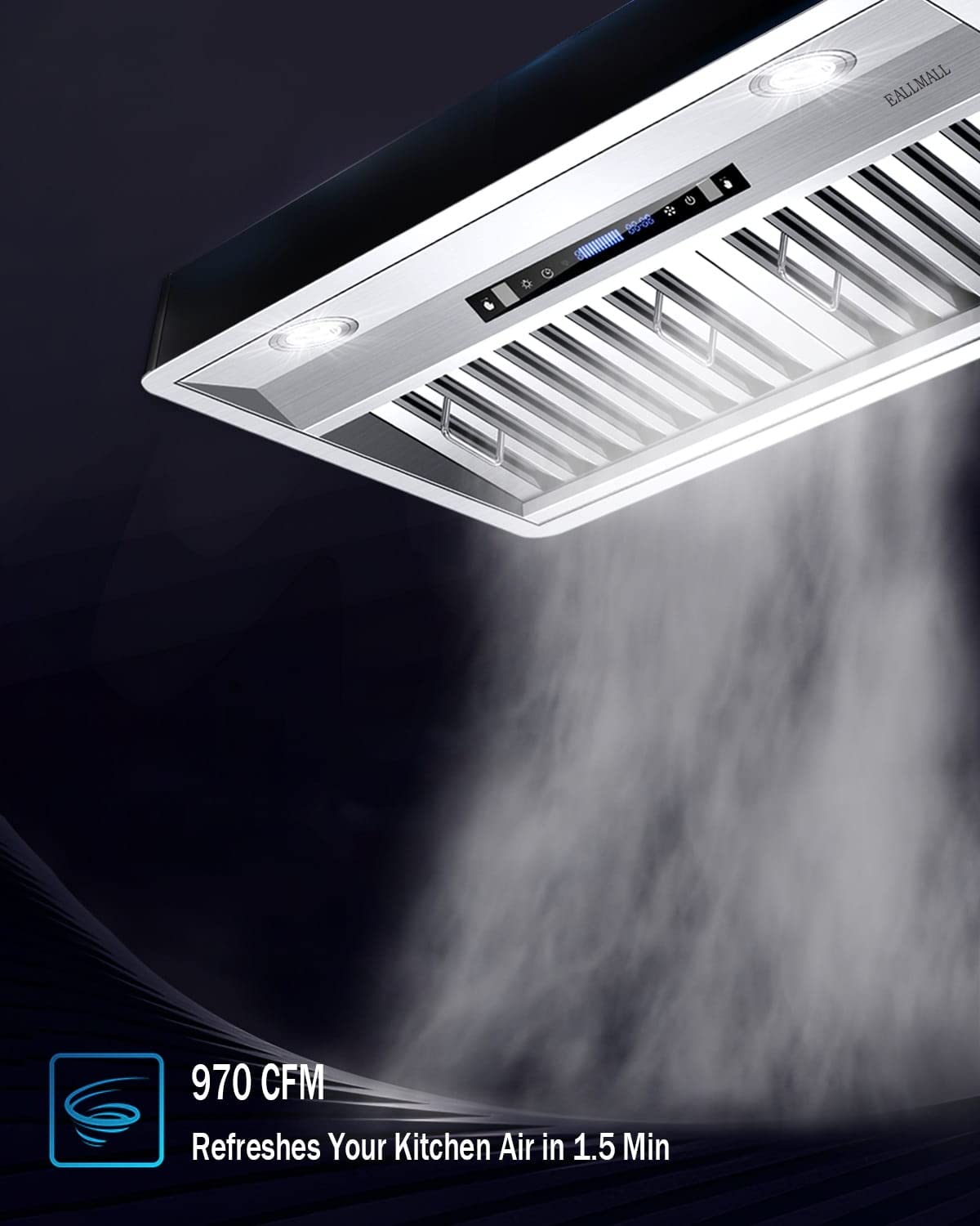 EALLMALL Range Hood Insert 30 Inch,970 CFM Range Hood Insert with Remote, Gesture Sensing/Touch Control Insert Range Hood,4-Speed Vent Hood Insert, Stainless Steel Hood Vent Insert, Built In,EK22-30-1