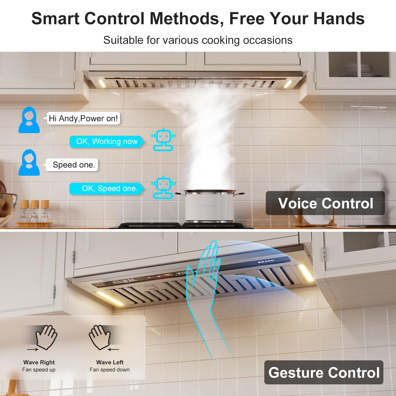 BRANO Range Hood Insert 30 Inch, 900 CFM Smart Voice/Gesture/Touch Control, 4 Speed Exhaust Fan, Stainless Steel Kitchen Hood with Charcoal Filter, Ducted/Ductless Convertible