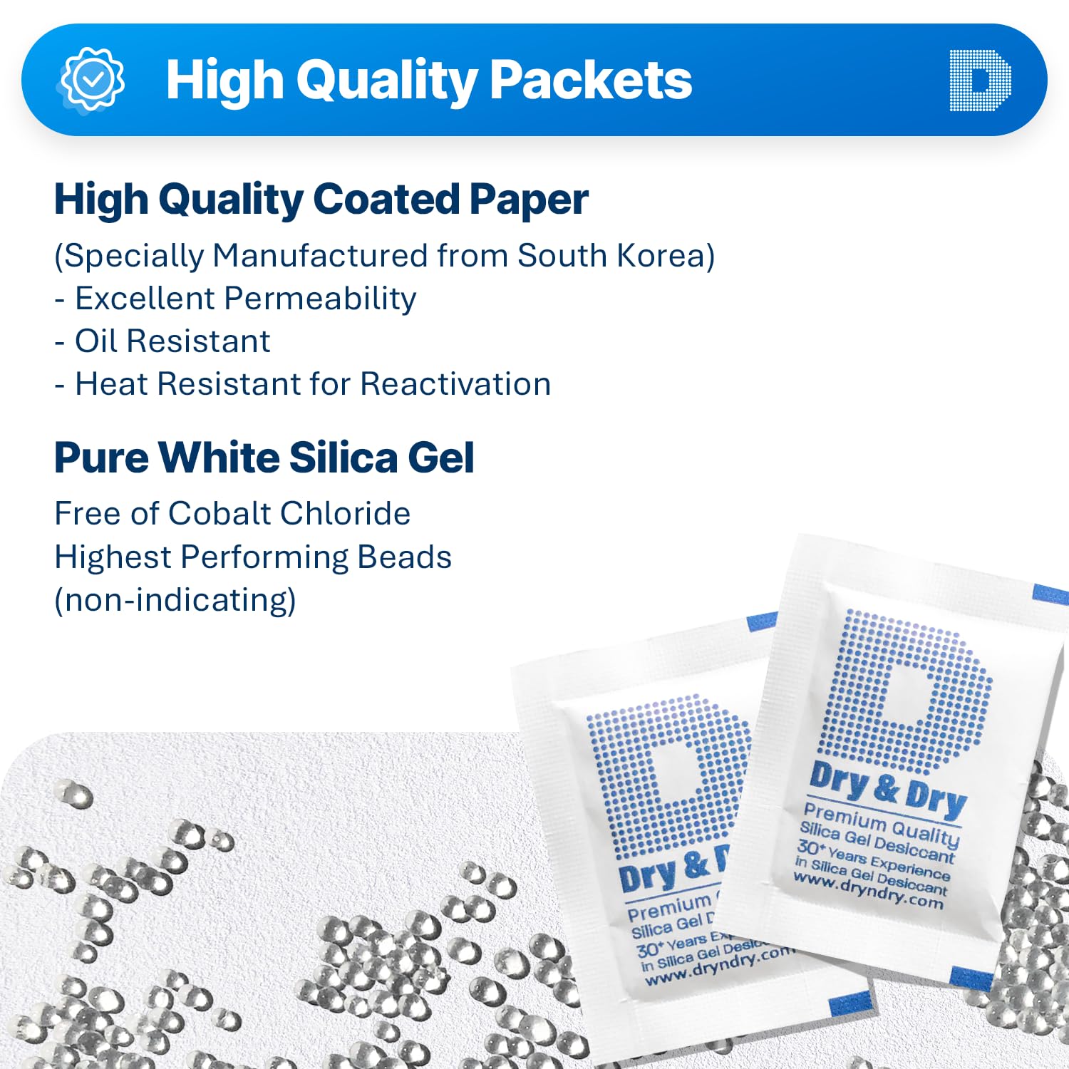 Dry & Dry 5 Gram [50 Packets] Premium Pure and Safe Silica Gel Packets Desiccant Dehumidifiers, Silica Gel Packs - Rechargeable (Food Safe) Moisture Absorbers, Desiccant Packets