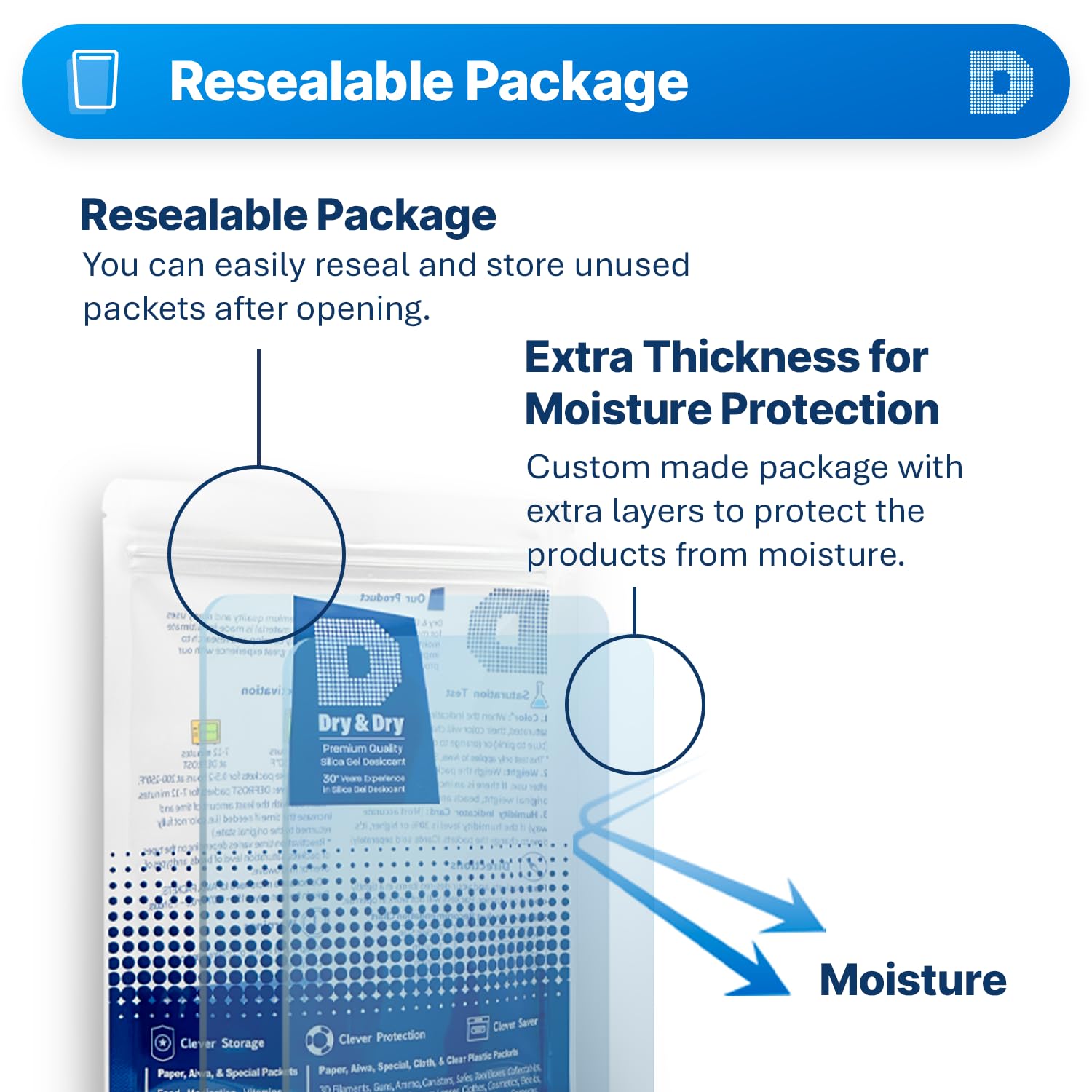 Dry & Dry 5 Gram [50 Packets] Premium Pure and Safe Silica Gel Packets Desiccant Dehumidifiers, Silica Gel Packs - Rechargeable (Food Safe) Moisture Absorbers, Desiccant Packets