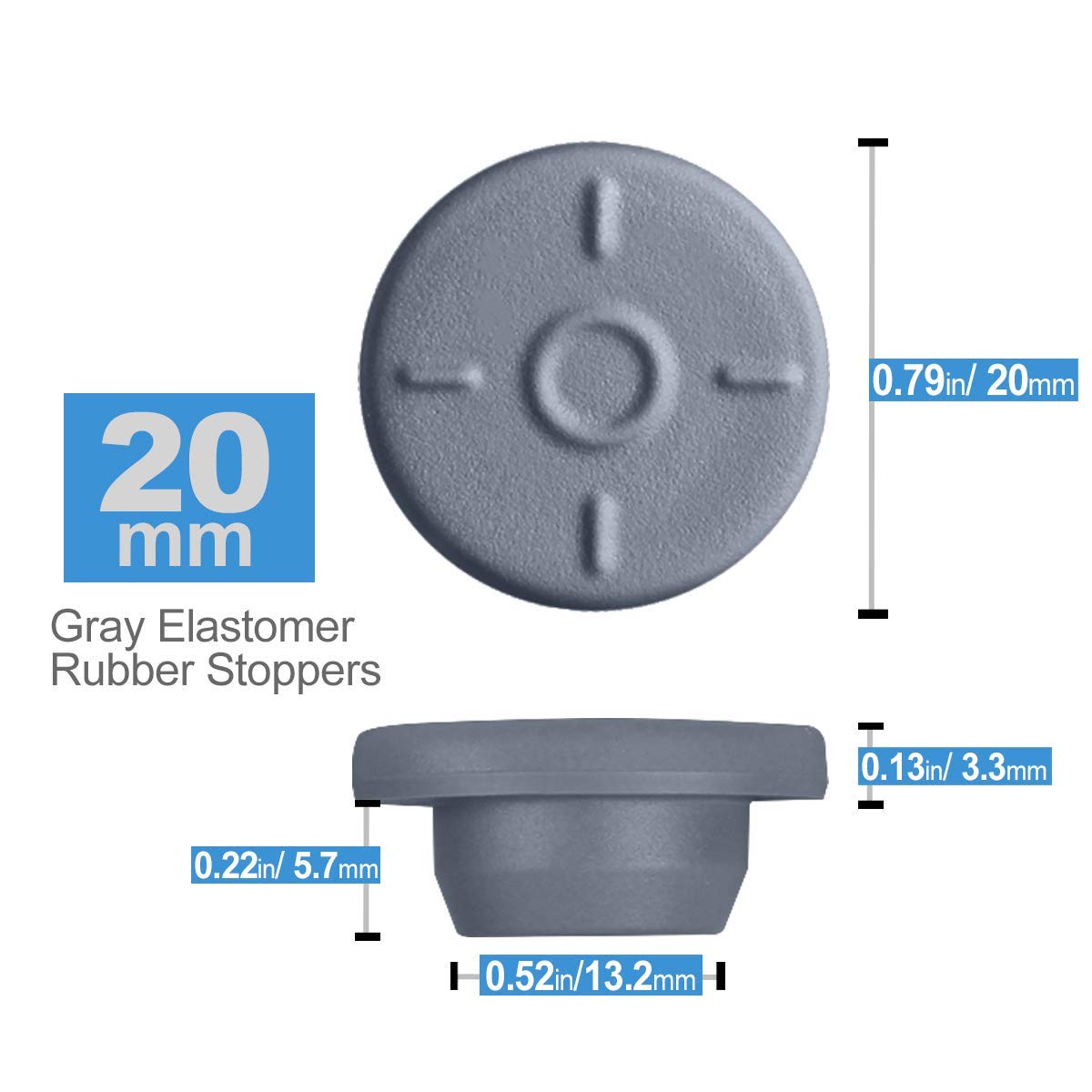 Med Lab Supply Butyl Rubber STOPPERS for VIALS, 20MM, Gray - 100 Pieces