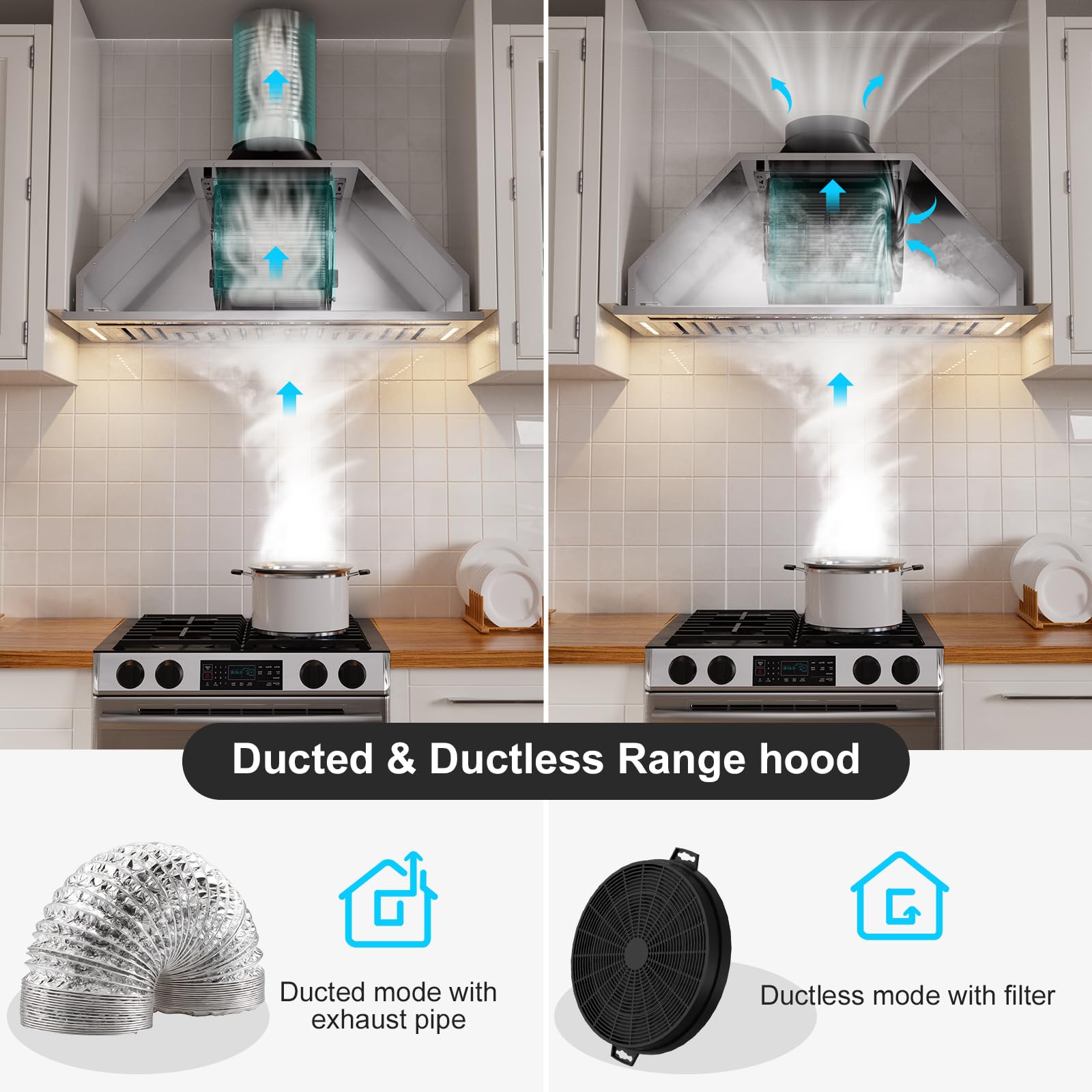BRANO Range Hood Insert 30 Inch, 900 CFM Smart Voice/Gesture/Touch Control, 4 Speed Exhaust Fan, Stainless Steel Kitchen Hood with Charcoal Filter, Ducted/Ductless Convertible