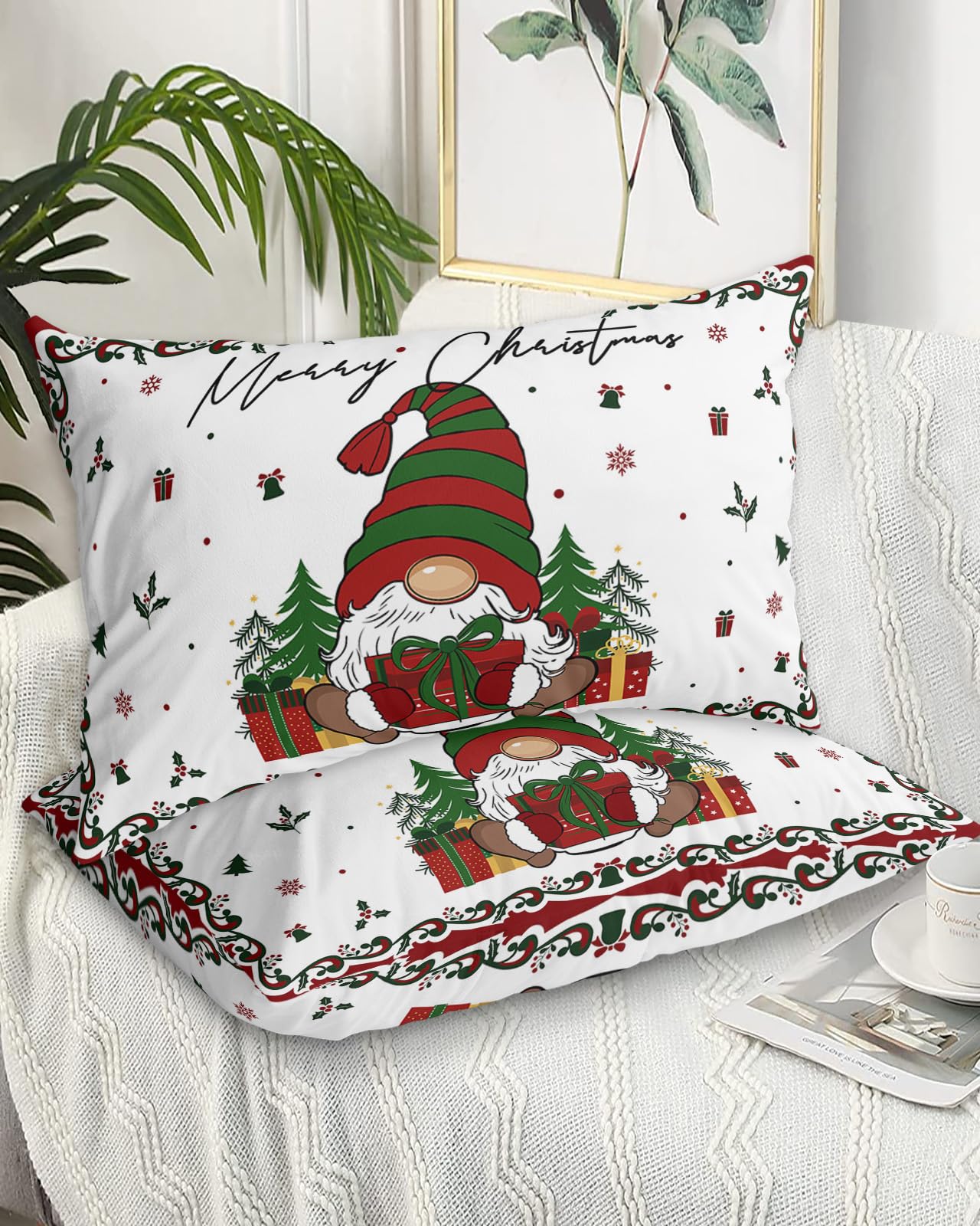 Edwiinsa Gnomes Red Pillow Covers Standard Size Set of 2 Bed Pillow, Plush Soft Comfort for Hair/Skin Cooling Pillowcases with Envelop Closure 20x26 Inches Christmas Green Tree Gift Snowflake White